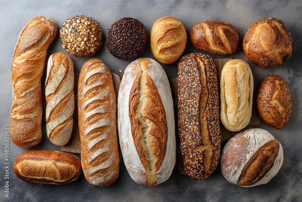 table with various types of breads, including baguettes and loaves of ...