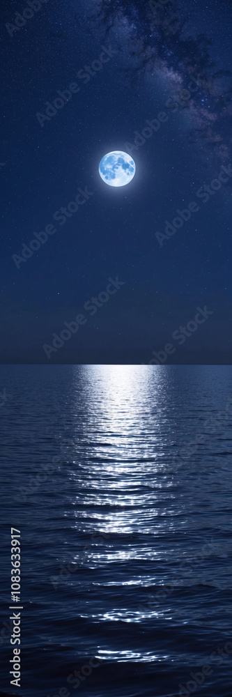Starry night sky over a tranquil sea with the moon casting a gentle reflection across the water ...