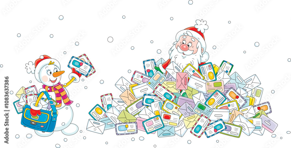 Funny snowman postman and Santa Claus in a heap of envelopes with ...