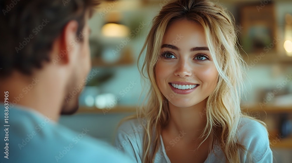 joyful young woman chatting with attentive husband, loving couple ...
