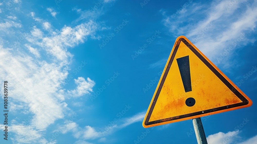Bright Yellow Warning Sign with Exclamation Mark against a Clear Blue ...
