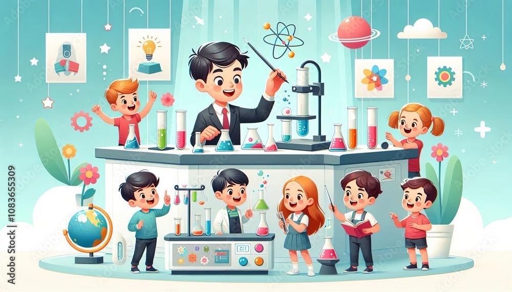 Children exploring interactive science exhibit with experiments ...