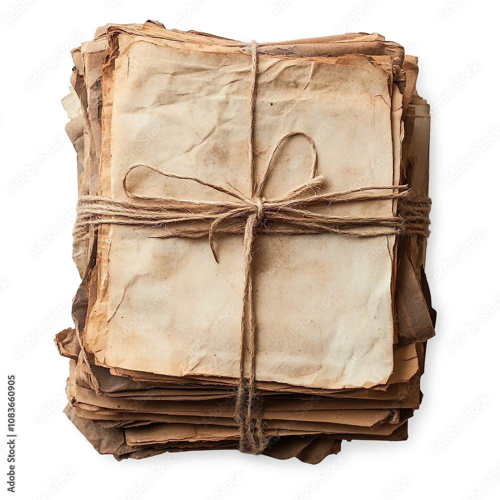 Vintage Stack of Papers Tied with Twine on a Transparent Background ...