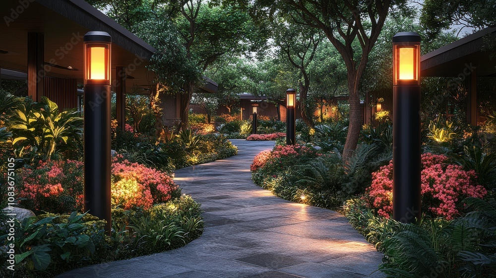 Adjustable Spotlights with Motion Sensor in Garden Pathway Stock Photo ...