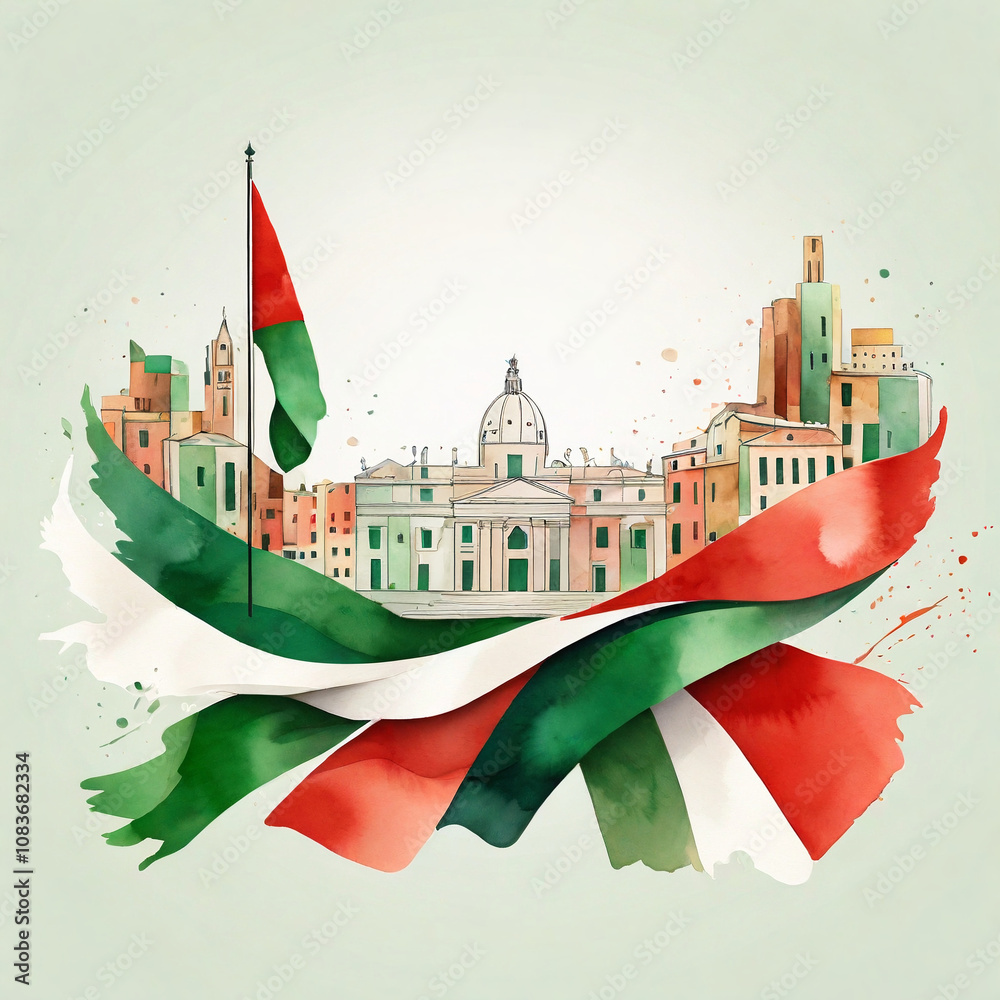 An abstract watercolour bright artwork of Italian unique town with ...