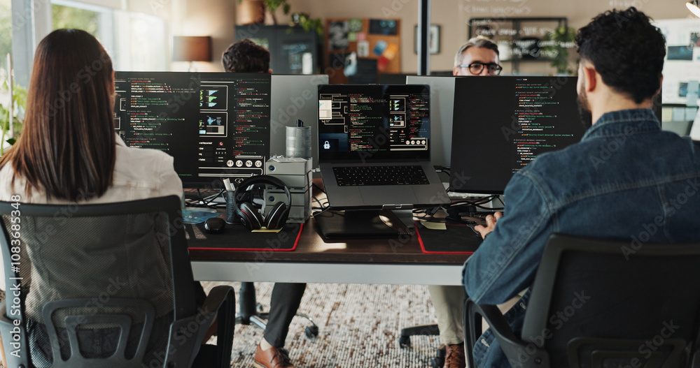 Developer, people and computer with screen in coworking office for web ...