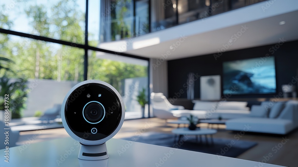 An advanced home security system is showcased in a modern home ...