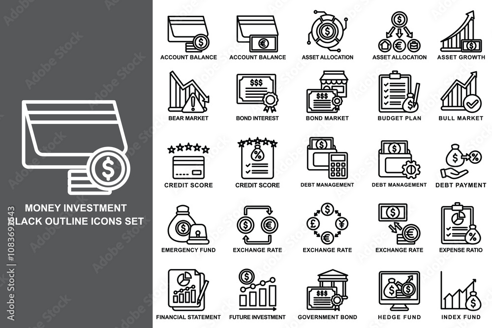 Money investment black outline icon pack. contain account balance ...