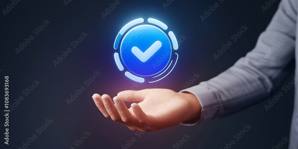 Hand Holding Verified Check Mark. A hand holding a glowing blue ...