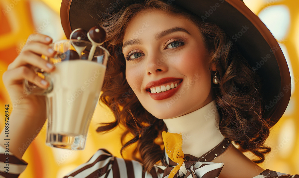 Young attractive woman in stylish clothes and sweets on a bright ...