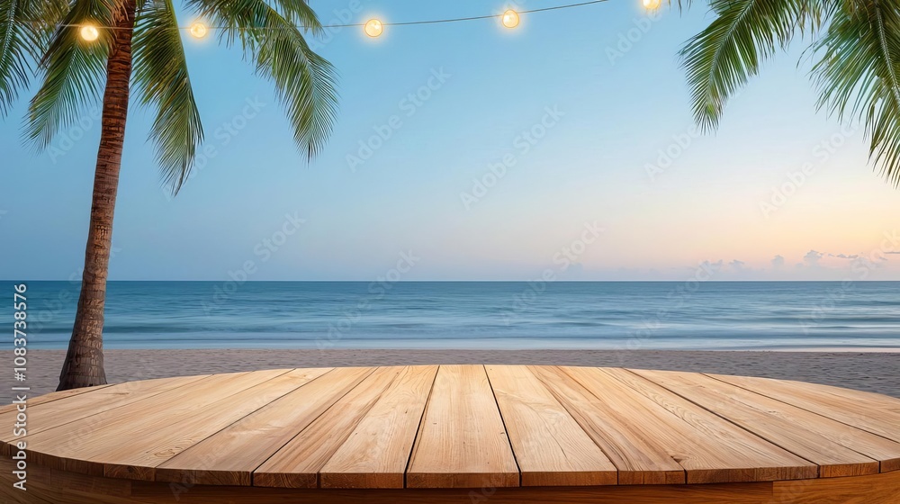 Palm trees circular platform beach photo. Circular wooden platform with ...