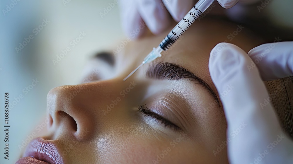 A close-up of Botox being injected into a patient's facial muscles ...