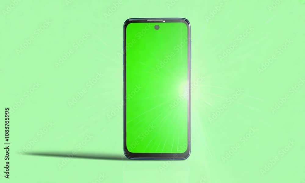 A modern smartphone with a sleek design stands upright on a clean ...