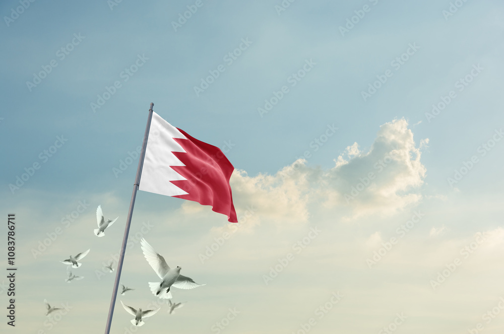 Bahrain flag waving with flying doves in beautiful sky. Bahrain flag ...