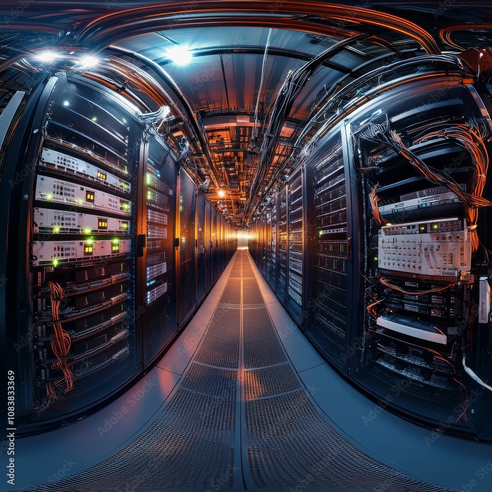 A detailed, 3D picture of a bright data center filled with servers ...