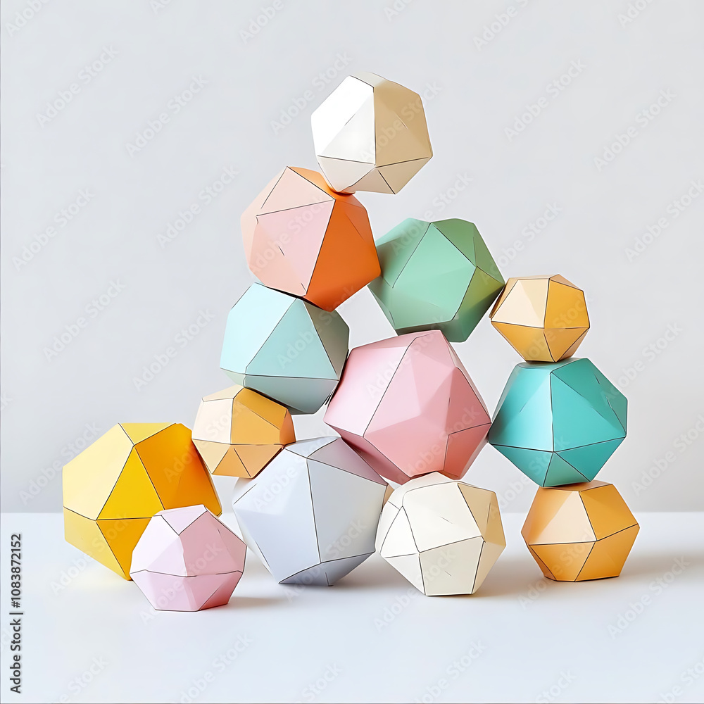 Colorful geometric shapes stacked together, showcasing playful arrangement of polygons and ...