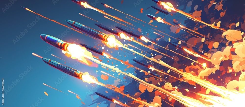 Many missiles are flying in the sky with bright fire trails leaving ...