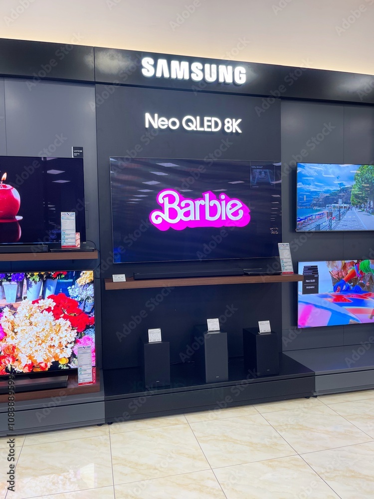 Trade floor in shopping mall. TV section. Latest model Samsung Neo QLED ...