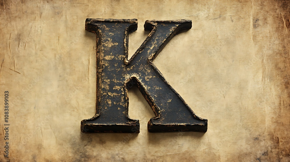 Vintage letter K in distressed typewriter font, placed on an aged paper ...