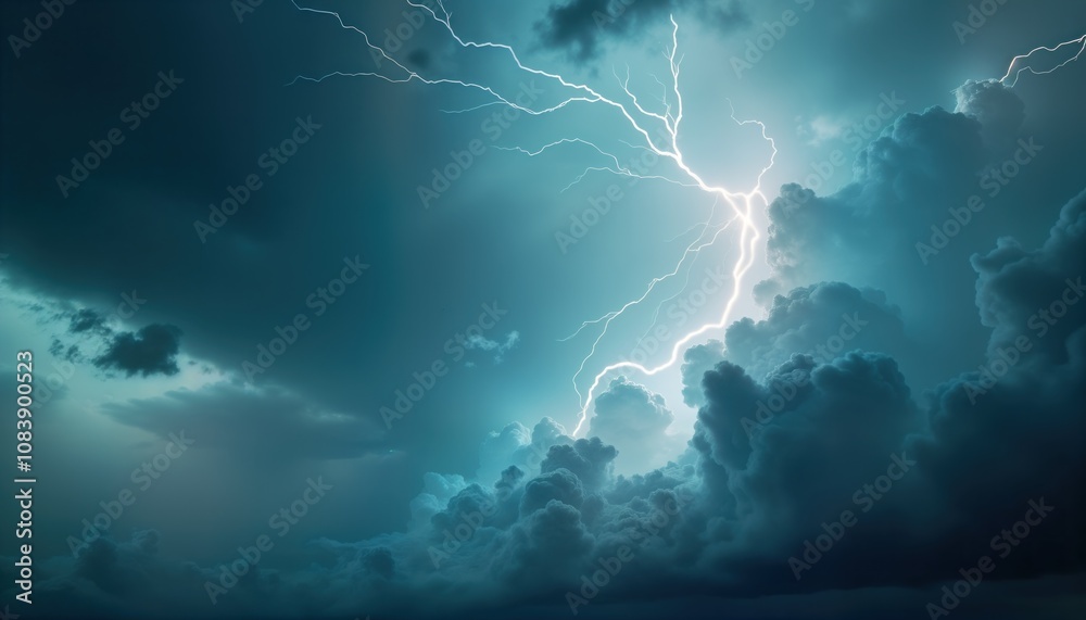 Dramatic storm clouds fill sky. Powerful lightning illuminates dark ...