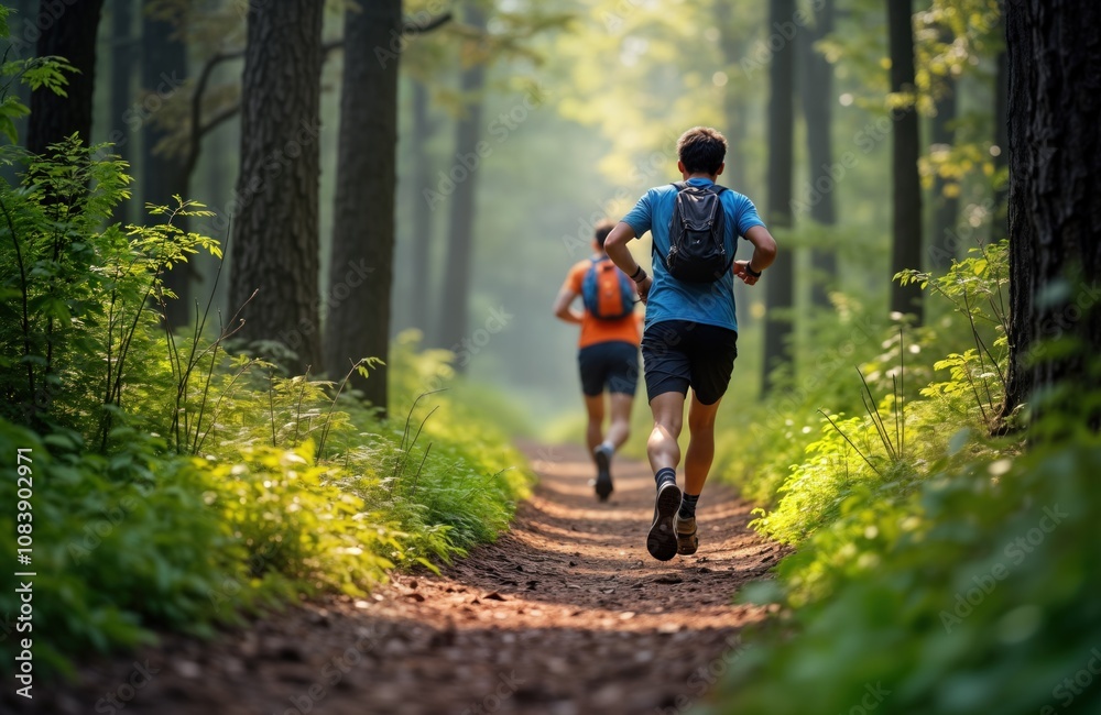 Two trail runners sprint through rich forest path. Active people run in ...
