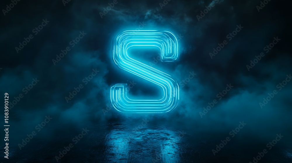 Neon blue letter S illuminated on a dark, foggy background for a ...