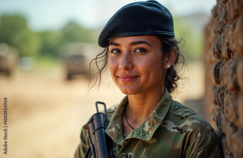 Young woman in military uniform smiles confidently. Soldier stands near ...