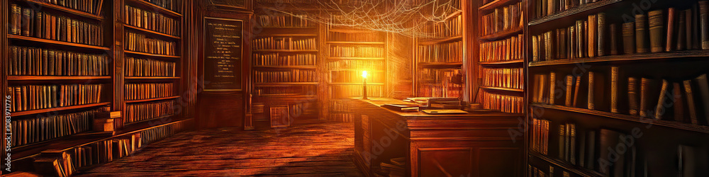 An abandoned library, its rows of dusty books reaching up to cobweb ...