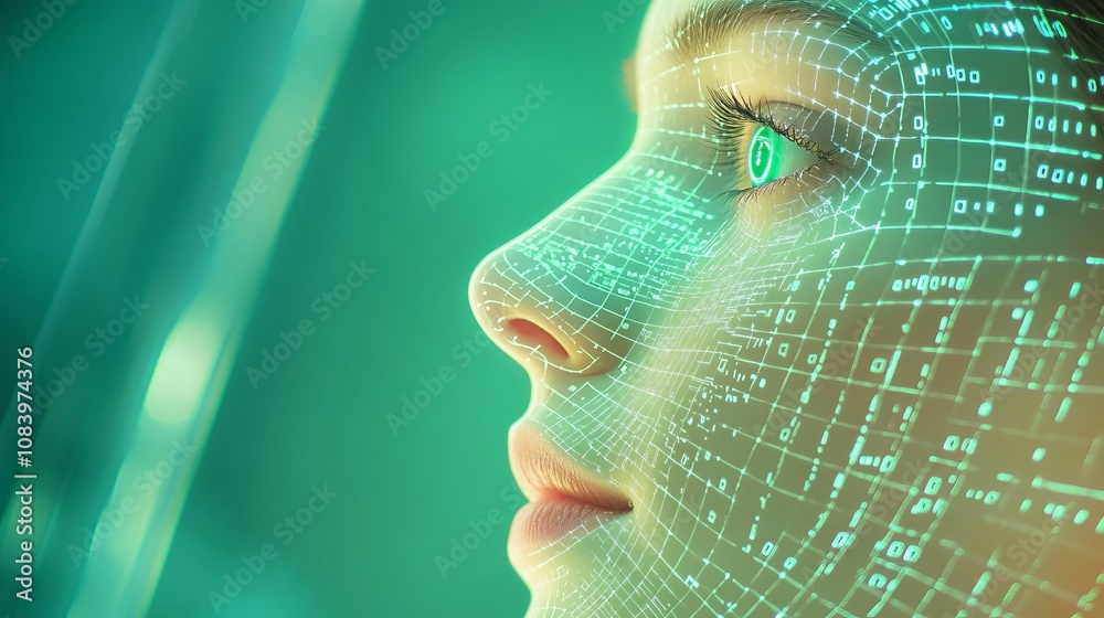 Security Risks Cybersecurity Surveillance A Futuristic Digital Portrait Of A Woman Her Face