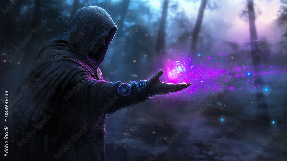 ambient fantasy scenery of a mage using his magic power casting glowing ...