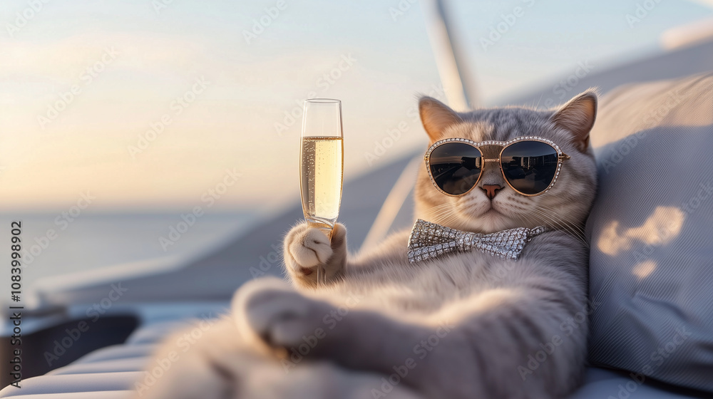 A British Shorthair cat in glittering sunglasses and a silk ascot ...
