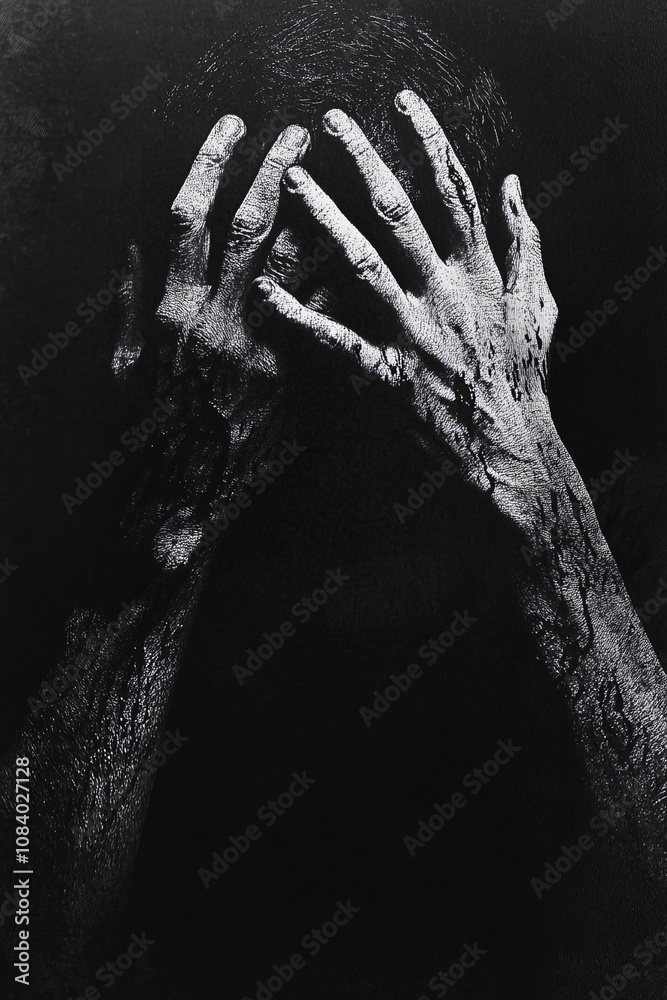 Black-and-White Illustration of a Person in Fear and Despair, Capturing ...