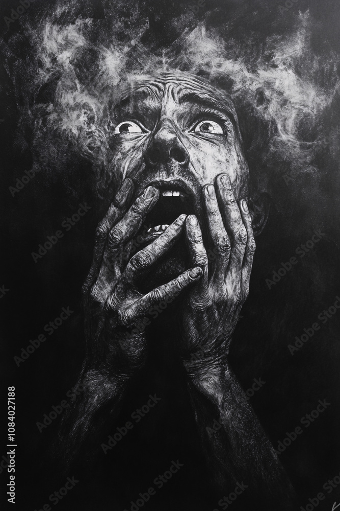 Black-and-White Illustration of a Person in Fear and Despair, Capturing ...