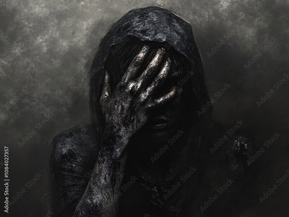 Black-and-White Illustration of a Person in Fear and Despair, Capturing ...