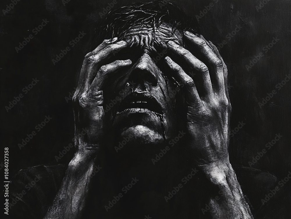 Black-and-White Illustration of a Person in Fear and Despair, Capturing ...