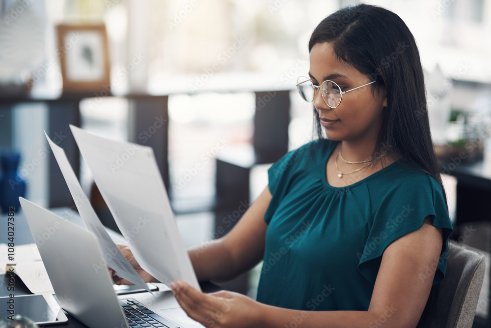 Woman, writer and review paper in office, proofreading and editing ...