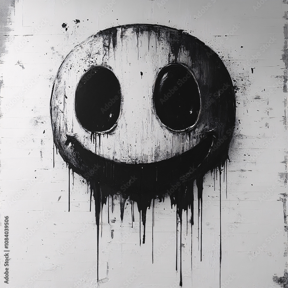 Grunge Spray Painting of a Dripping Sad Smiley Face in Black and White ...