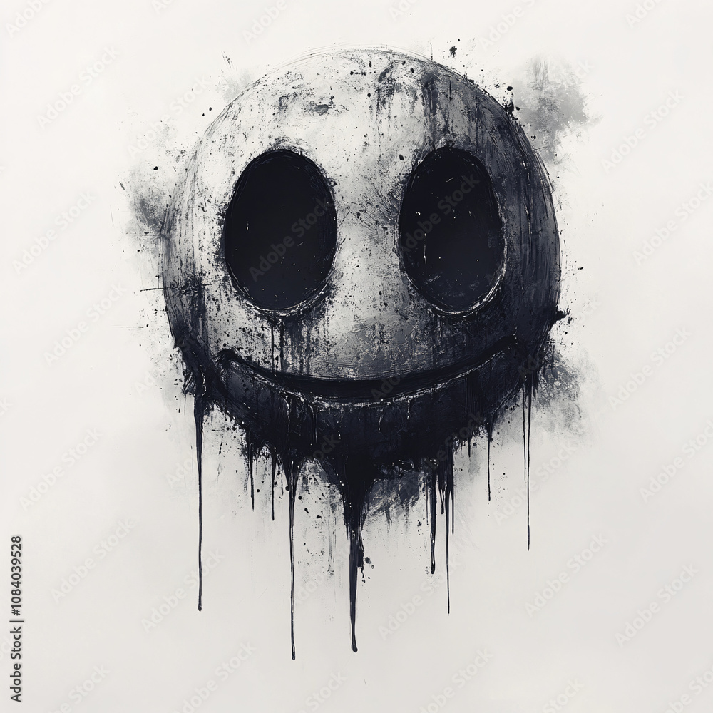 Grunge Spray Painting of a Dripping Sad Smiley Face in Black and White ...