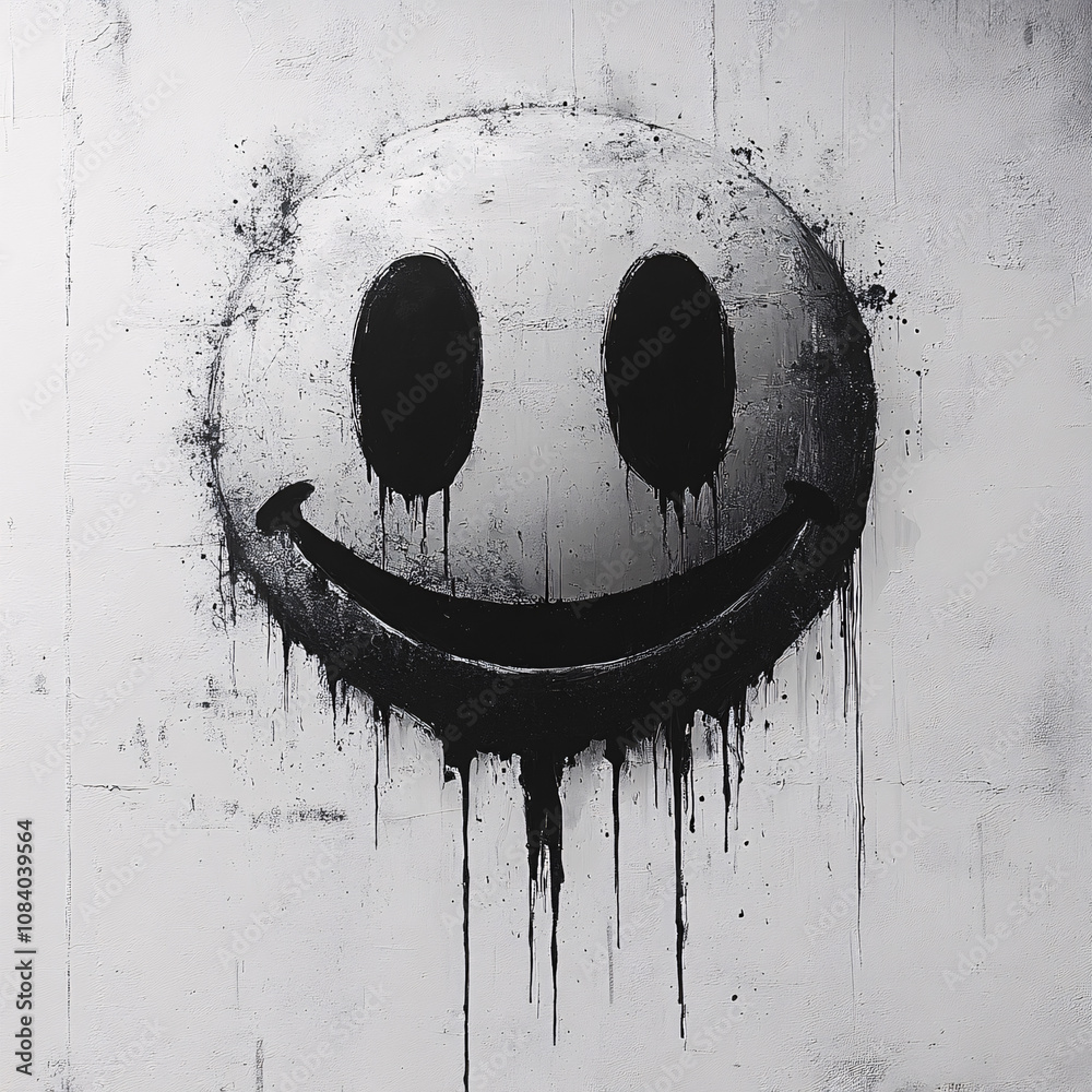 ภาพประกอบสต็อก Grunge Spray Painting of a Dripping Sad Smiley Face in ...