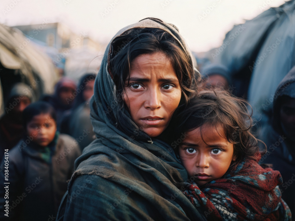 Emotional portrait of a refugee mother tightly holding her child in a ...