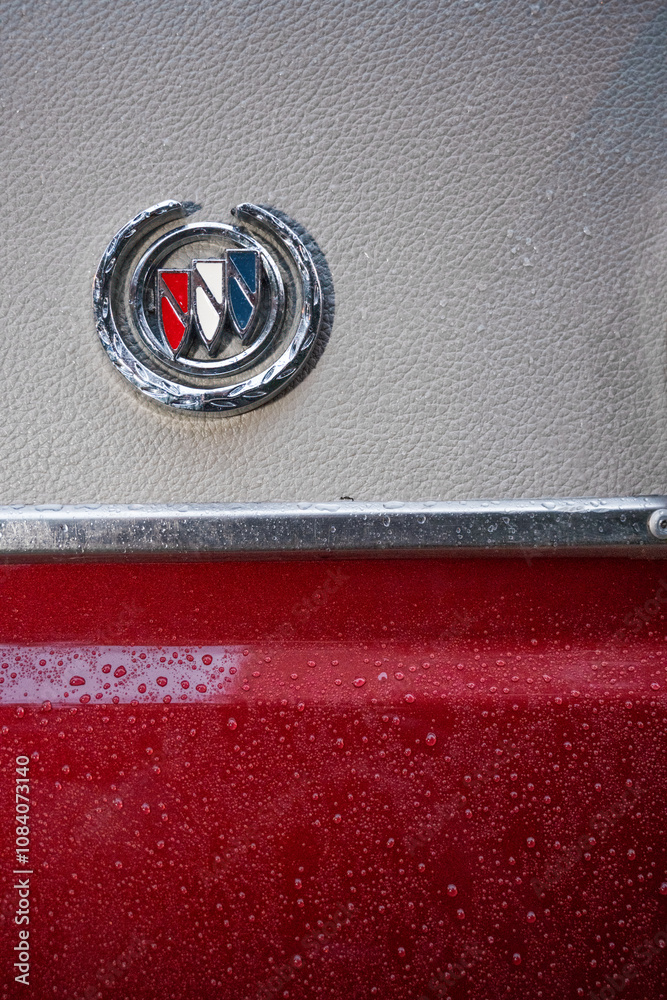 Detailed view of a Buick car emblem featuring a tri-shield logo on a ...