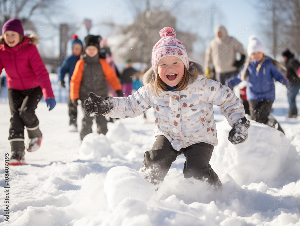 Laughter and smiles in Snowball Fight. Lively winter scene of families ...