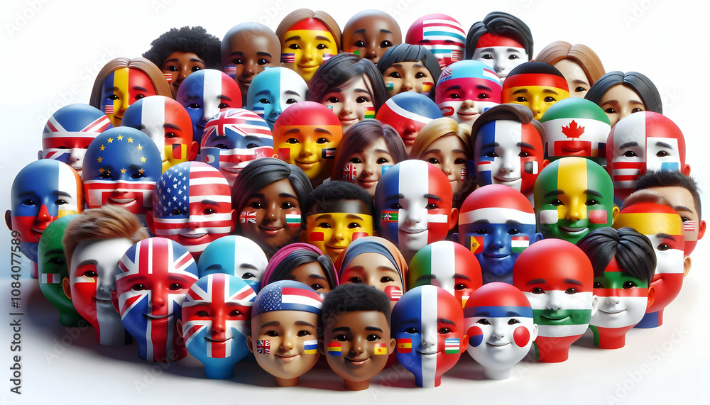 3D Close up of diverse faces painted with national flags with copy ...