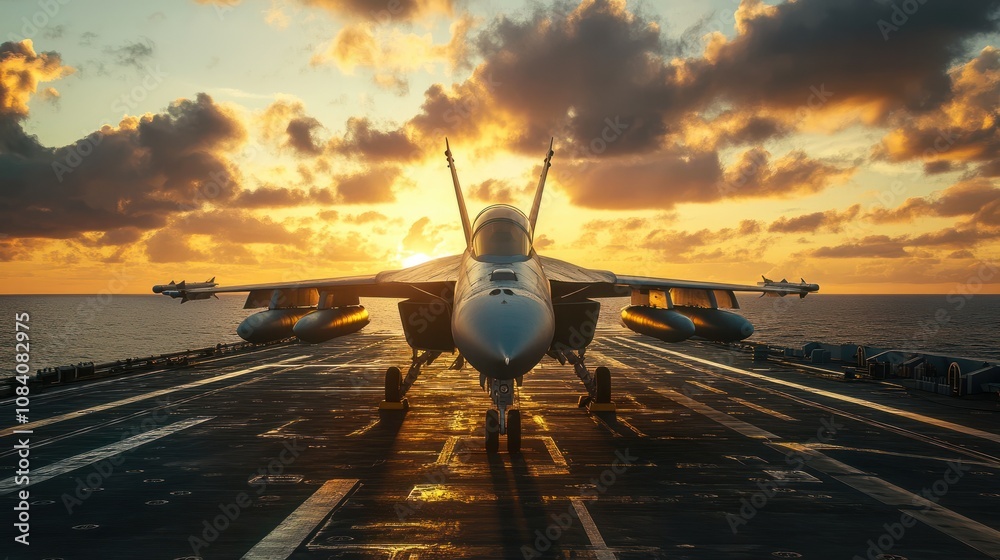Military fighter jet on display aboard an aircraft carrier flight deck ...