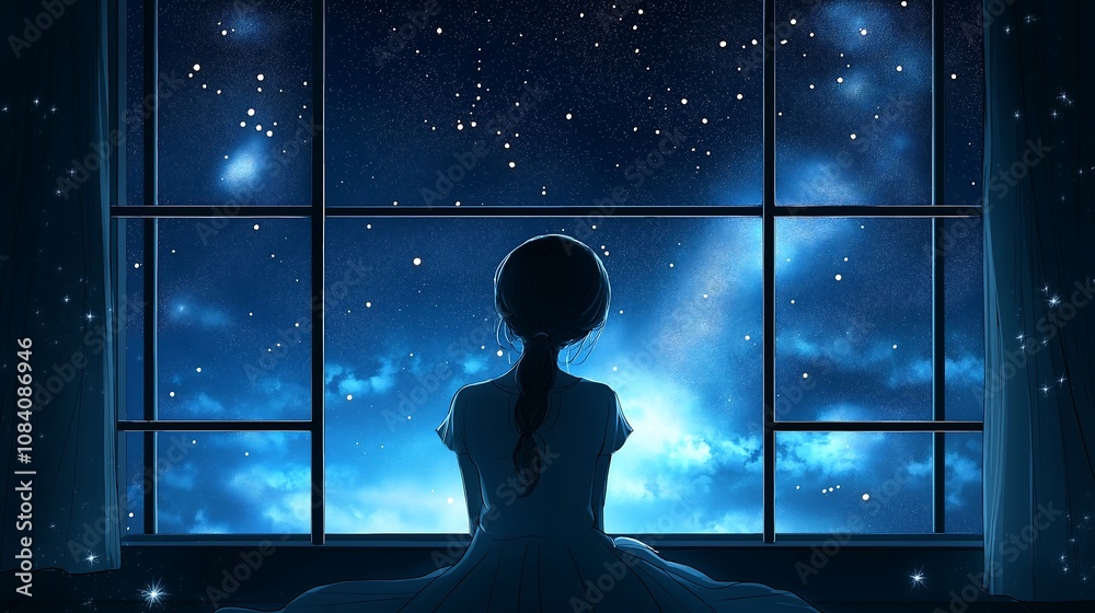 Girl looking at window with starry night sky view,for lofi background ...