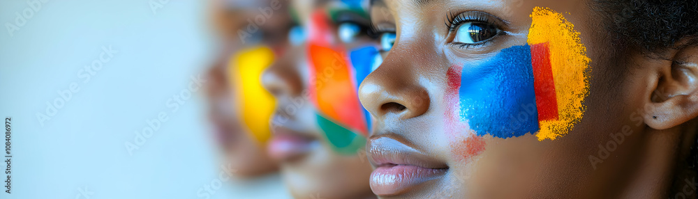 Close up of diverse faces painted with national flags with copy space ...