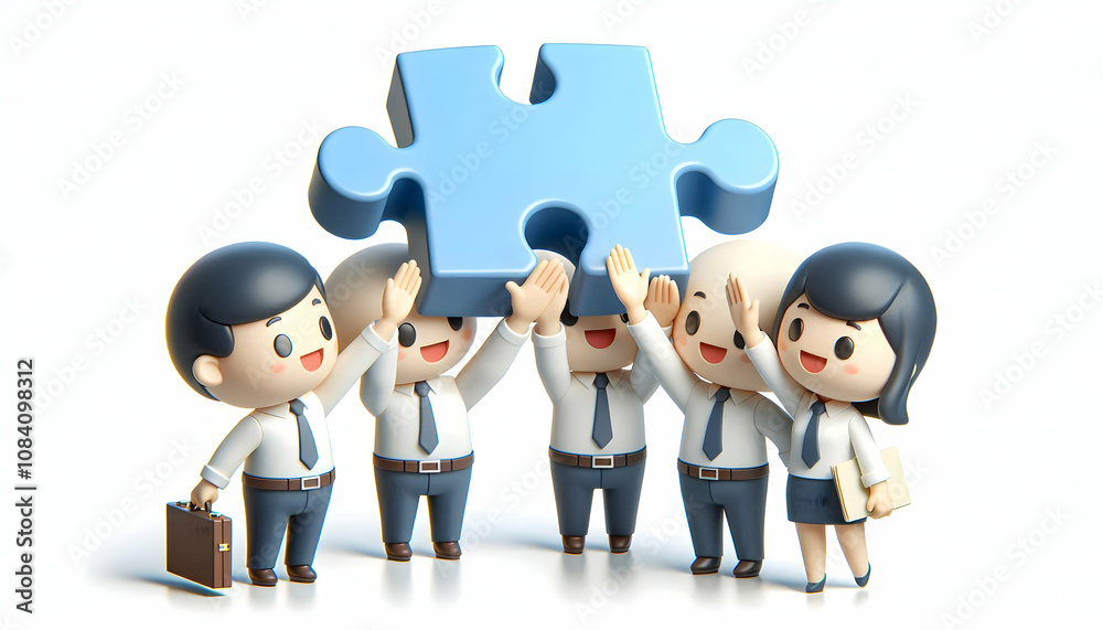 3D Team members high fiving after completing a puzzle candid photo copy ...