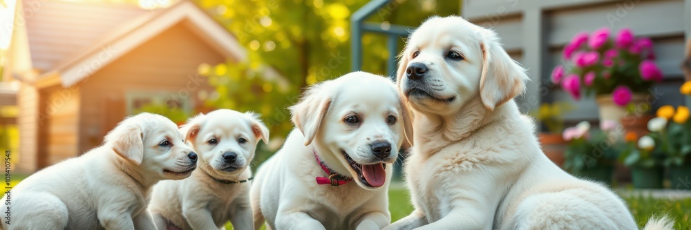Four adorable golden retriever puppies, three small and one larger ...