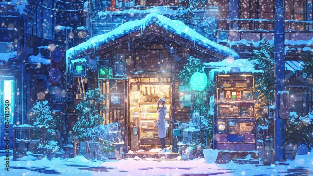 A serene moment unfolds as snow gently falls around a cozy bookstore ...