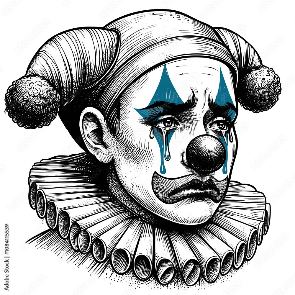 Hand drawn sketch of the face of a sad crying circus clown in makeup is ...